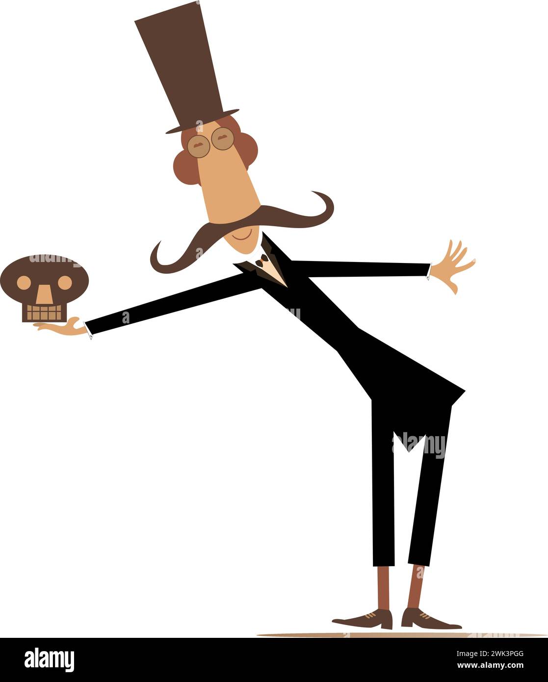 Cartoon man in the top hat holding skull. Memento mori. Comic long ...