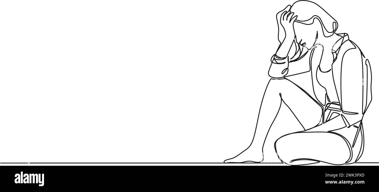 continuous single line drawing of stressed woman sitting on floor ...