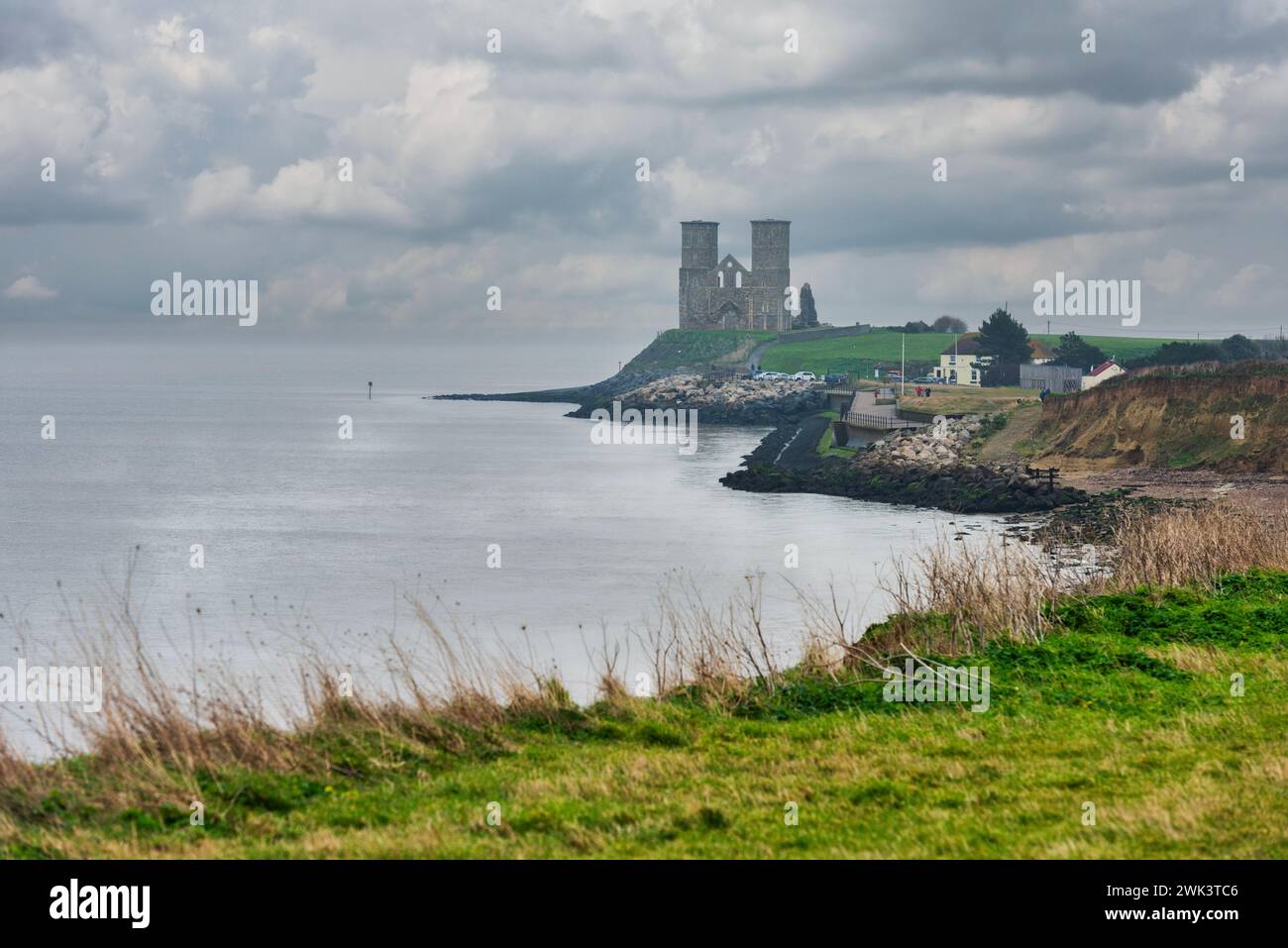 Reculver Towers in Kent, England viewed from the coastal path between ...