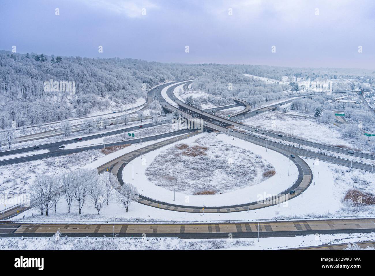 Aerial view of highway interchange in winter with snow, Pennsylvania ...