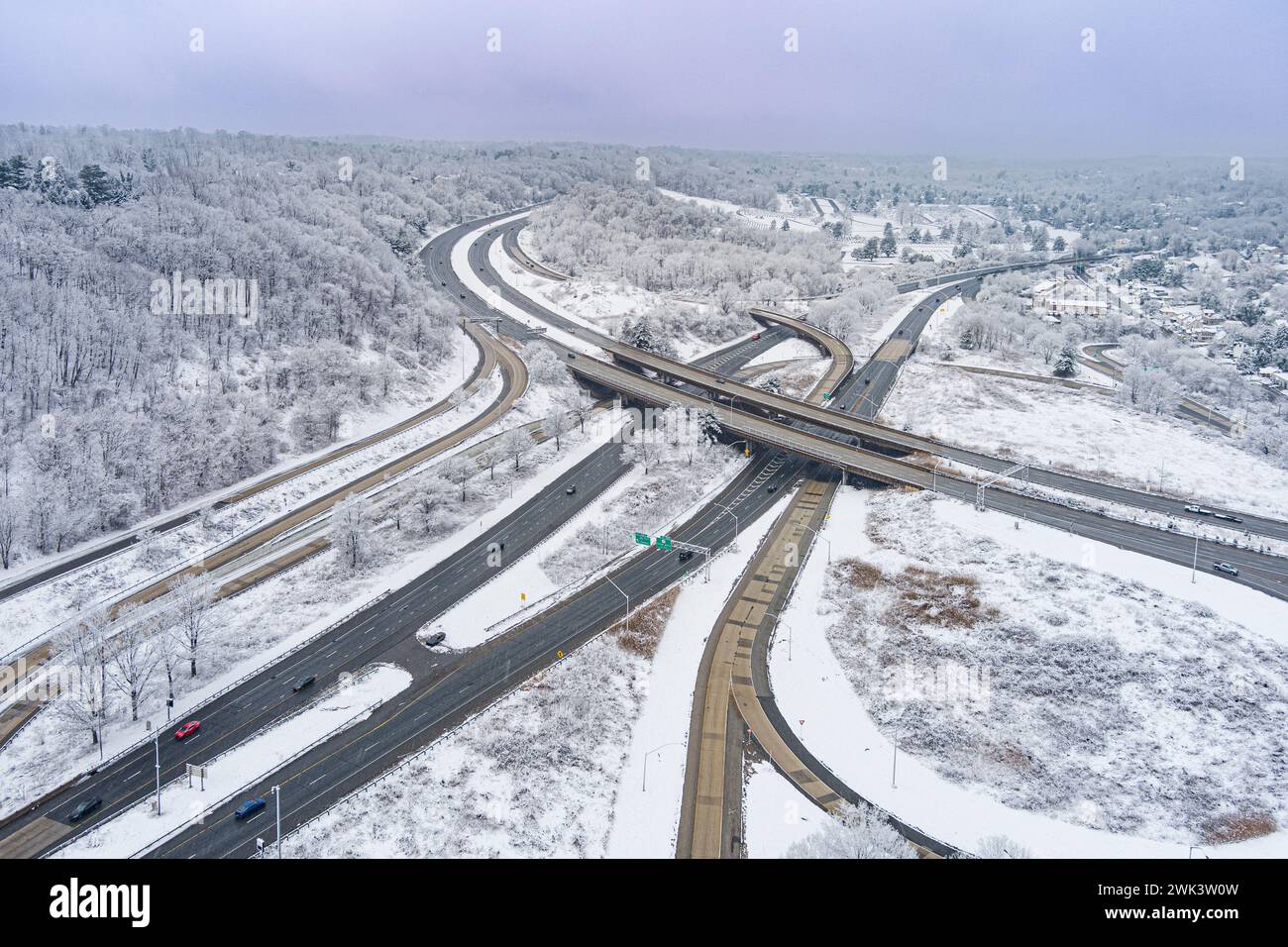 Aerial view of highway interchange in winter with snow, Pennsylvania ...