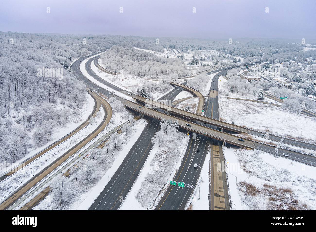 Aerial view of highway interchange in winter with snow, Pennsylvania ...