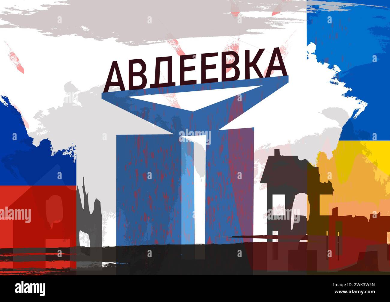 Avdeevka. Ukraine. War. Destroyed houses against the background of the ...