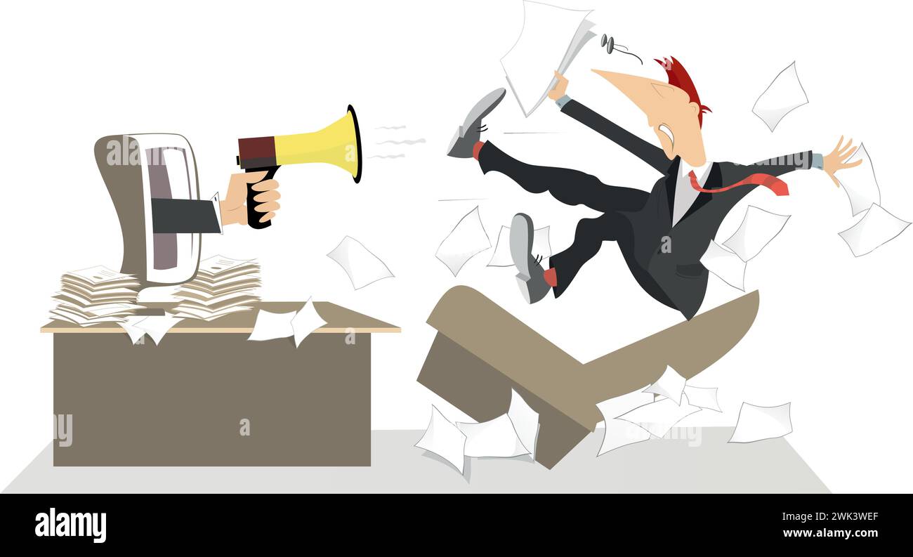 Hand with megaphone rising from office computer desk. Frightened ...