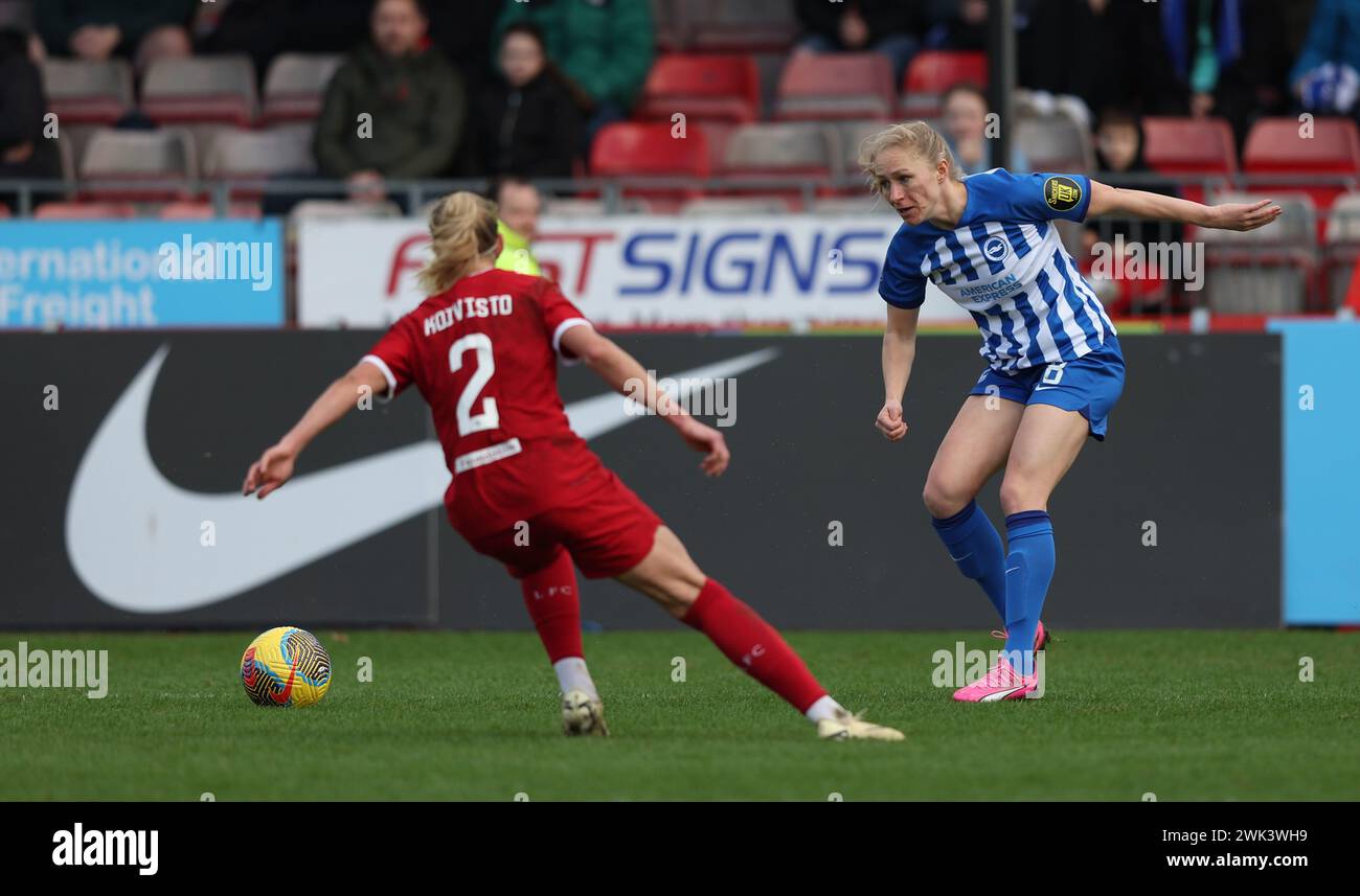 Crawley, UK. 18th Feb, 2024. Brighton's Pauline Bremer takes on ...