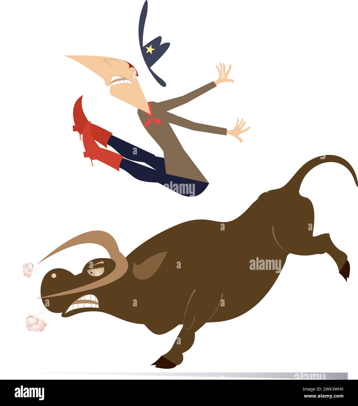Farmer or cowboy and angry bull. Rodeo. Cartoon farmer or cowboy falls ...