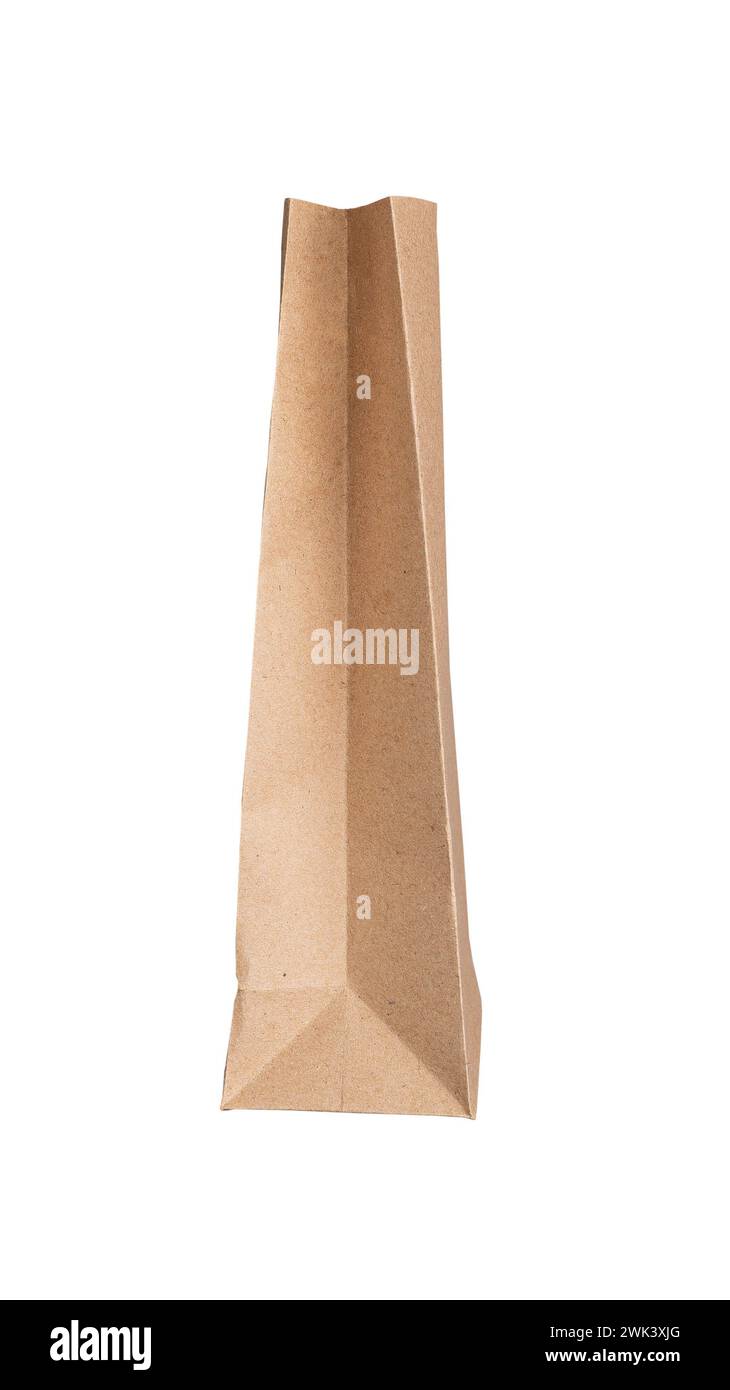 Beige kraft paper bag, side view isolated on white. Craft pouch, sack ...