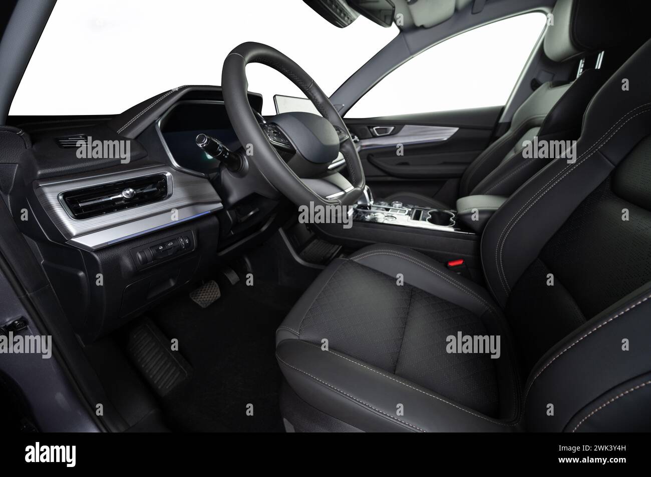 Generic modern car interior with front dashboard side view and isolated ...