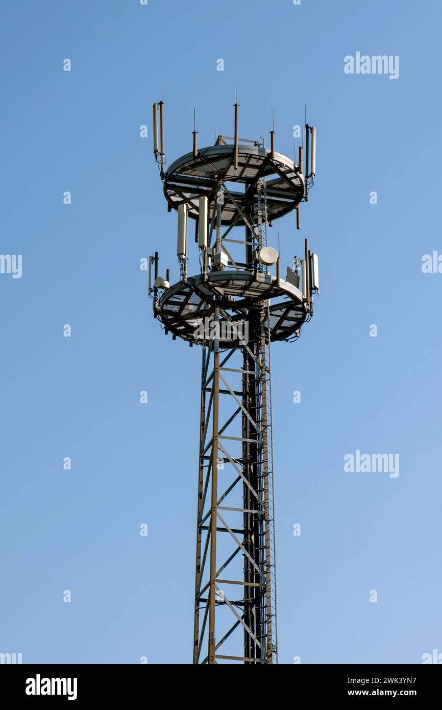 5G or 4G tower connection or station, internet, radar on the blue sky ...