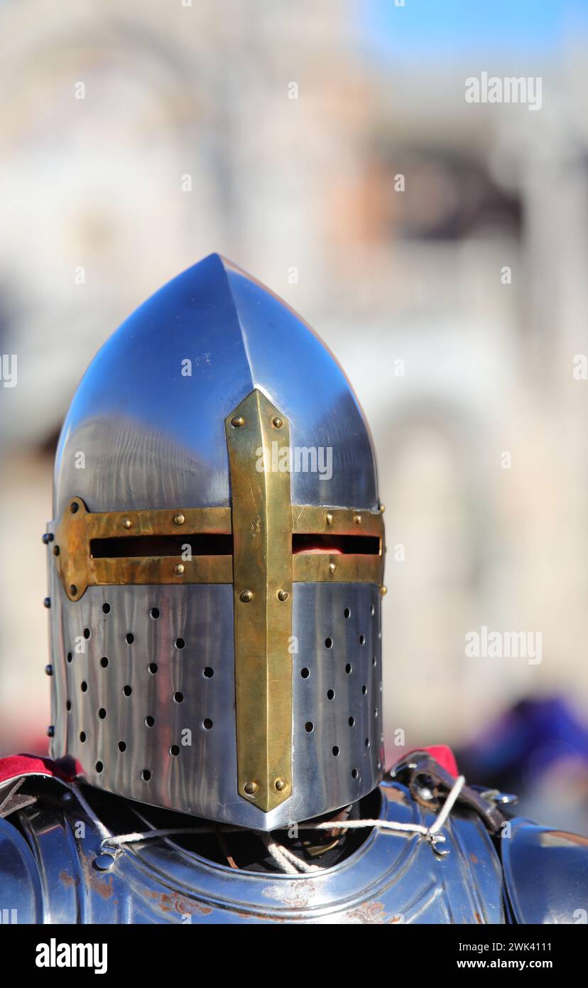medieval knight with large helmet to protect his head Stock Photo - Alamy