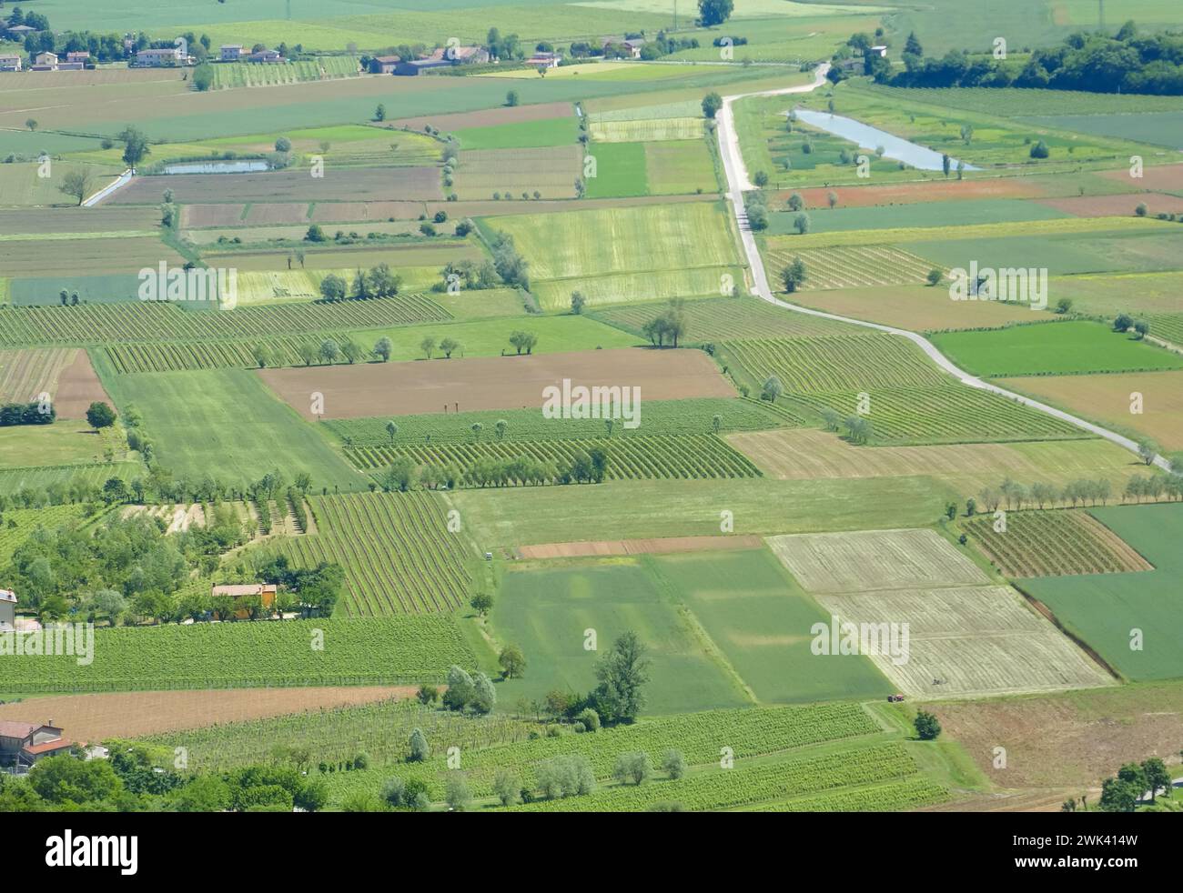 aerial view of cultivated fields in the plain with the fields divided ...