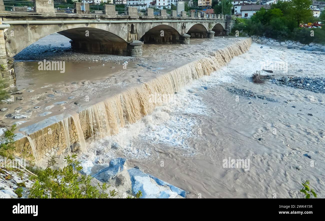 river dirty with mud after the torrential rain which caused damage and ...
