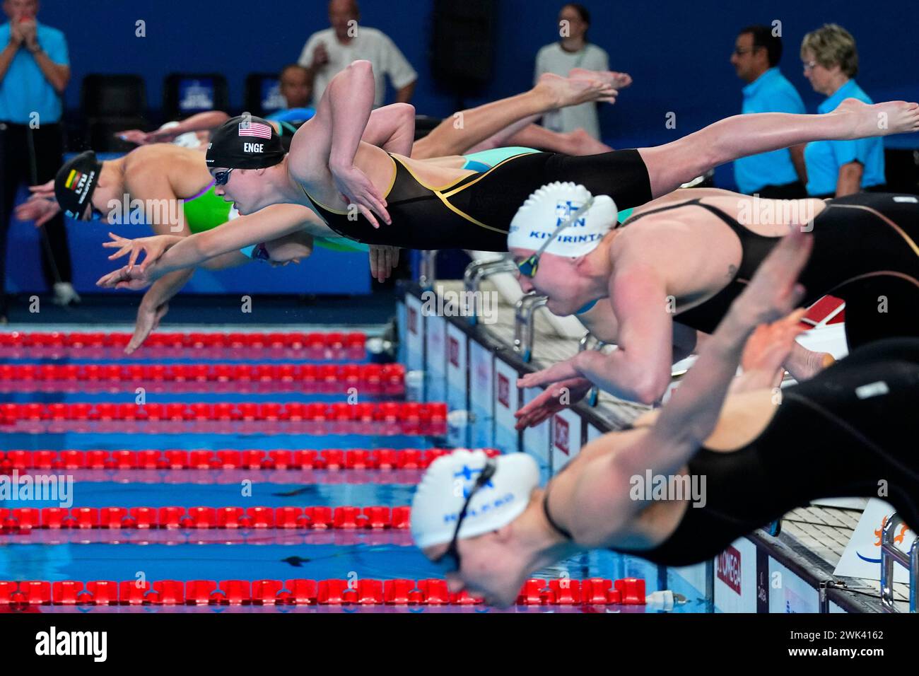 Piper Enge of the United States, centre, starts in the Women's 50m ...