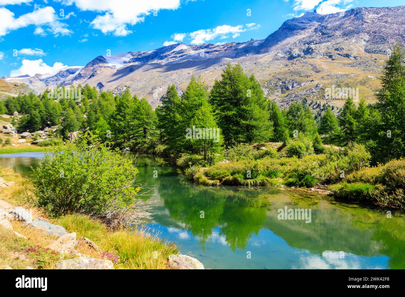 View of Grindji Lake (Grindjisee) and Swiss Alps at summer on Five-lake ...