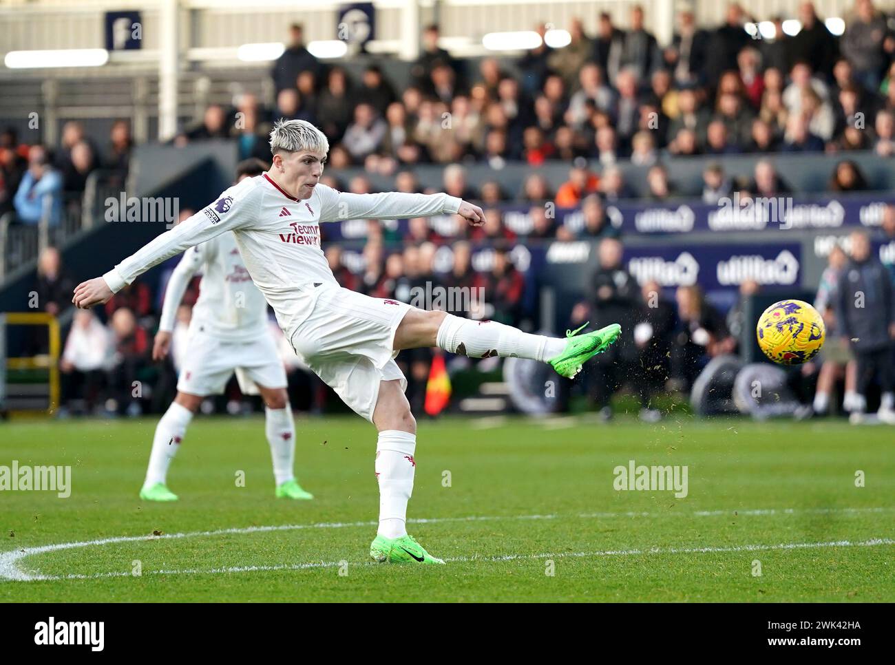 Manchester United's Alejandro Garnacho hits a deflection off Rasmus ...