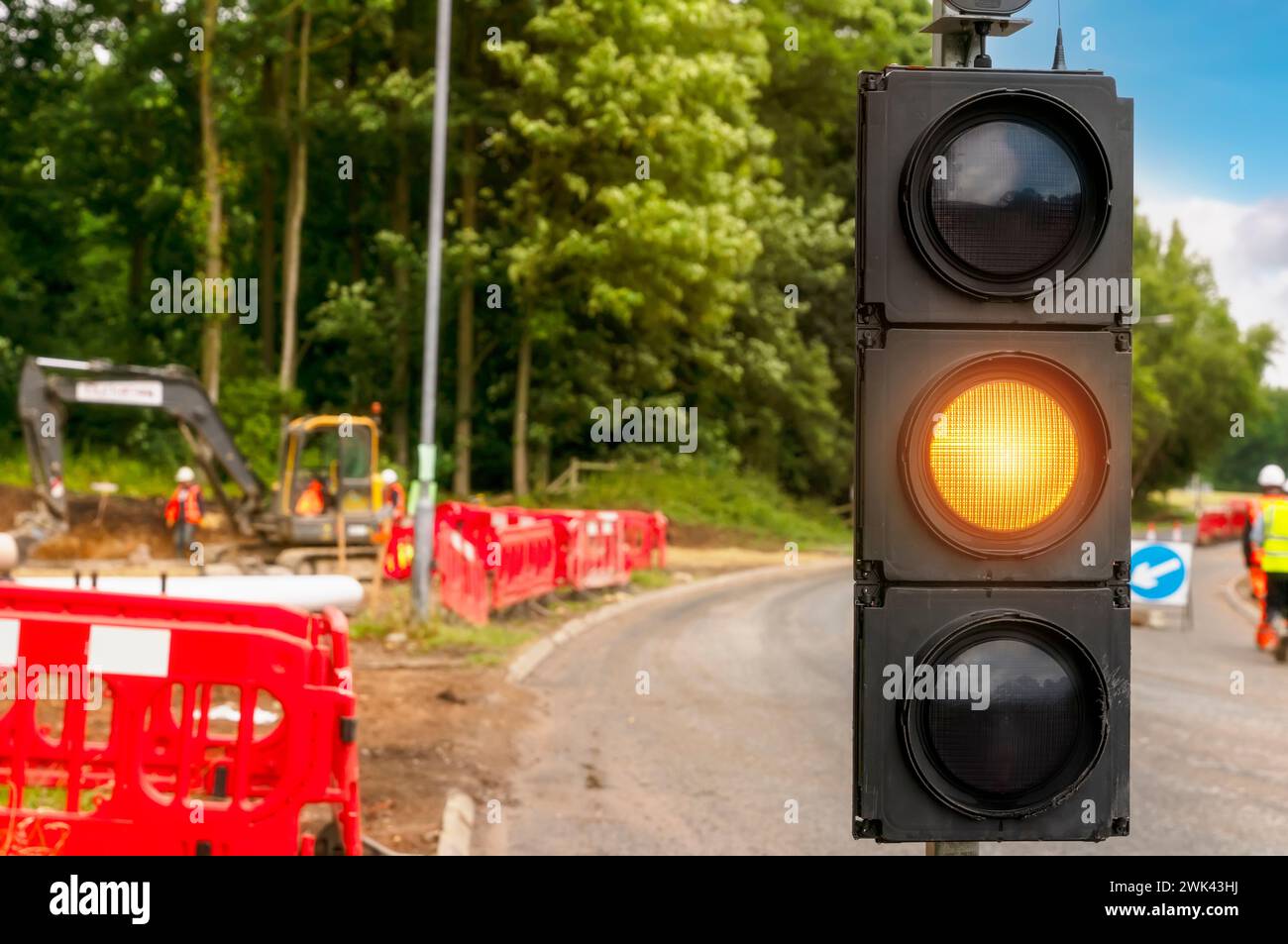 Close-up of the temporary portable traffic light installed to manage ...
