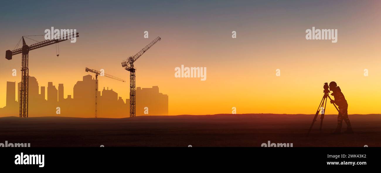 civil site engineer builder silhouette with electronic theodolite and ...