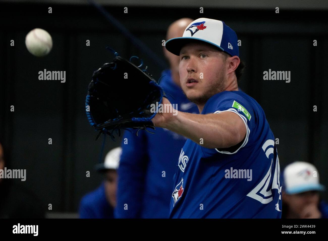 Toronto Blue Jays pitcher Nate Pearson catches the ball during a ...