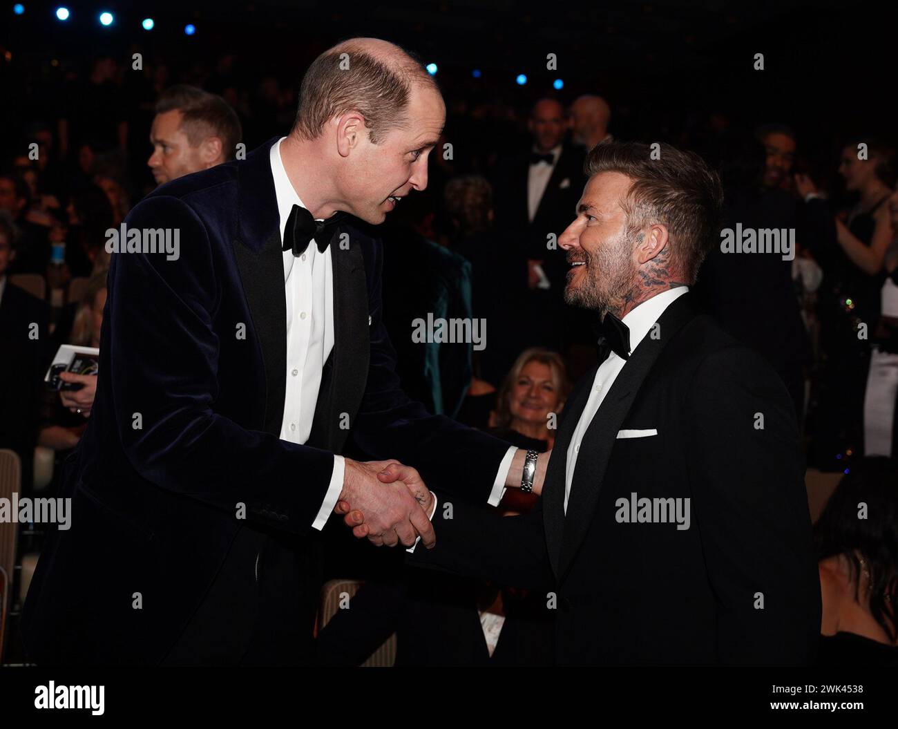 The Prince of Wales, president of Bafta, talks with David Beckham at ...