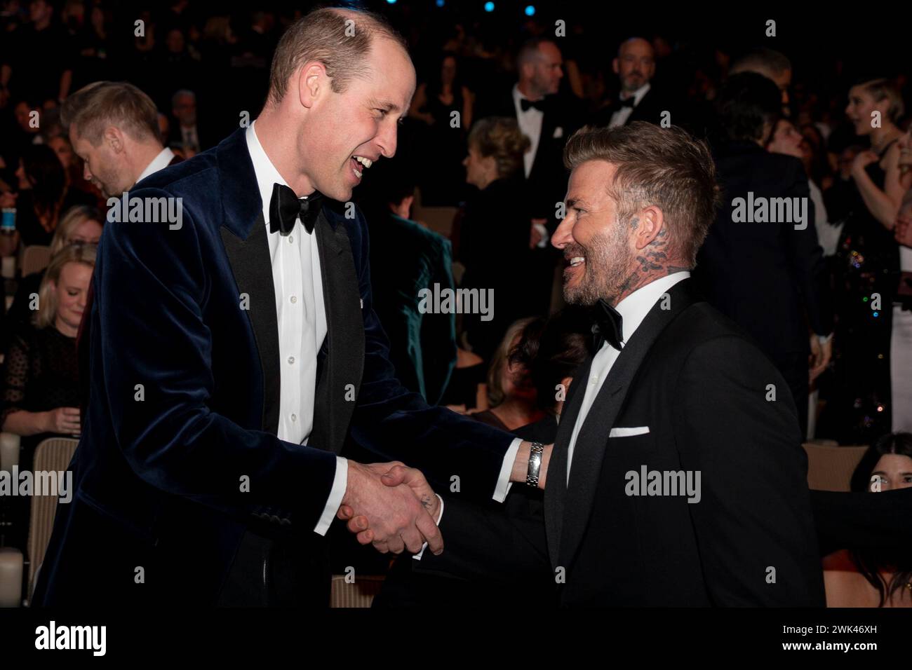 The Prince of Wales, president of Bafta, talks with David Beckham at ...