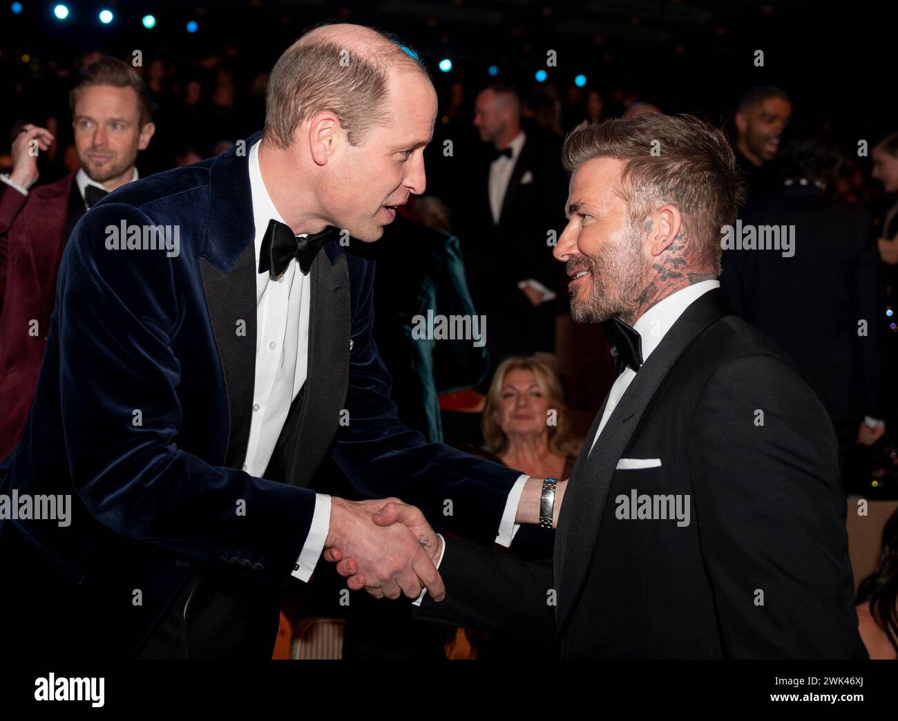 The Prince of Wales, president of Bafta, talks with David Beckham at ...