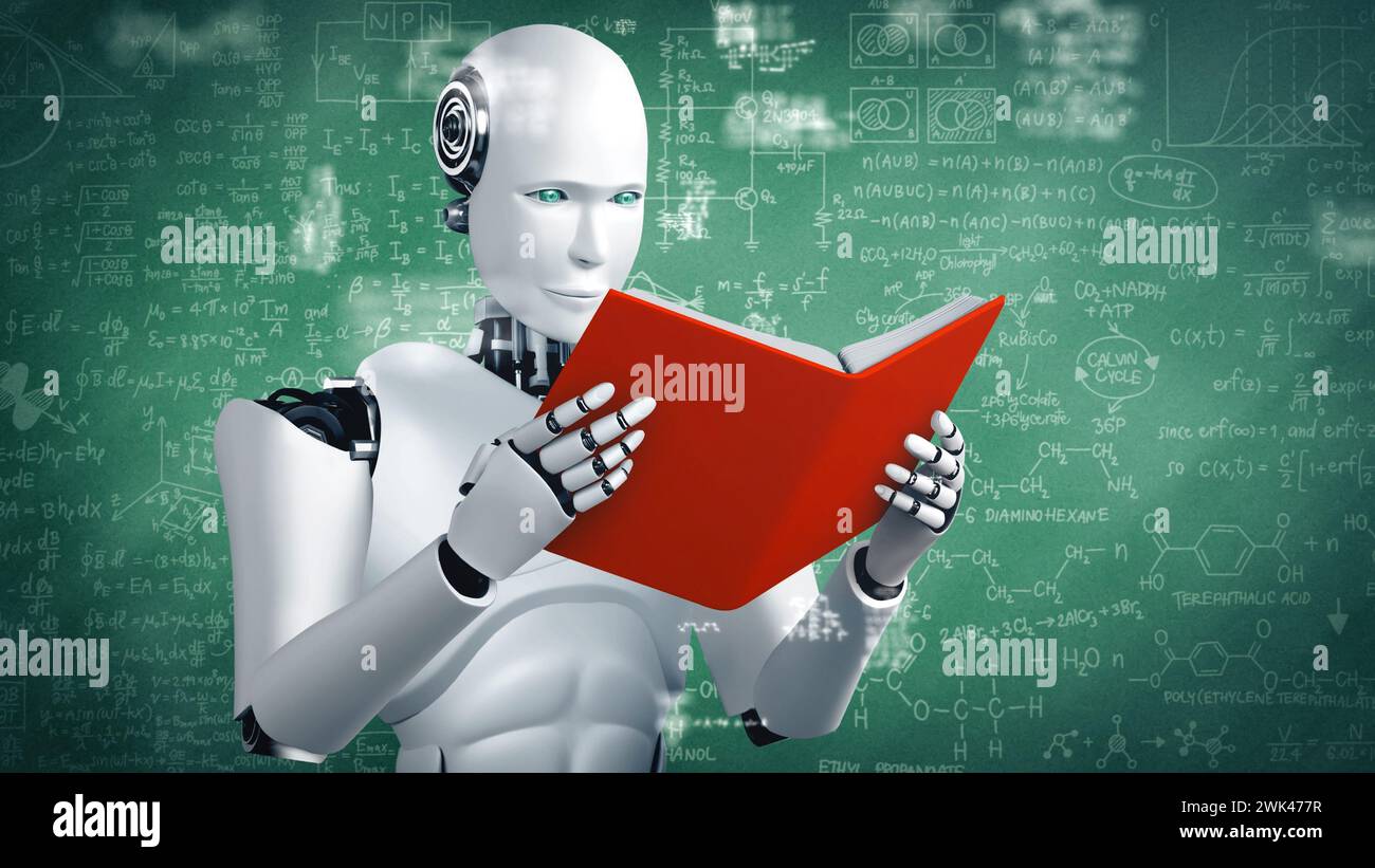 XAI 3d illustration of robot hominoid reading book and solving math data analytics in concept of ...