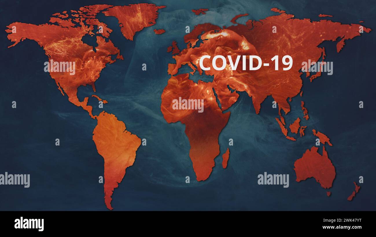 Covid 19 pandemic red virus spreading world map Stock Photo - Alamy