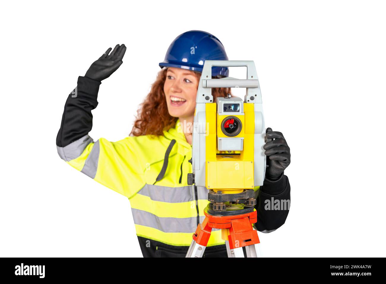 Construction site engineer woman in safety equipment working with ...