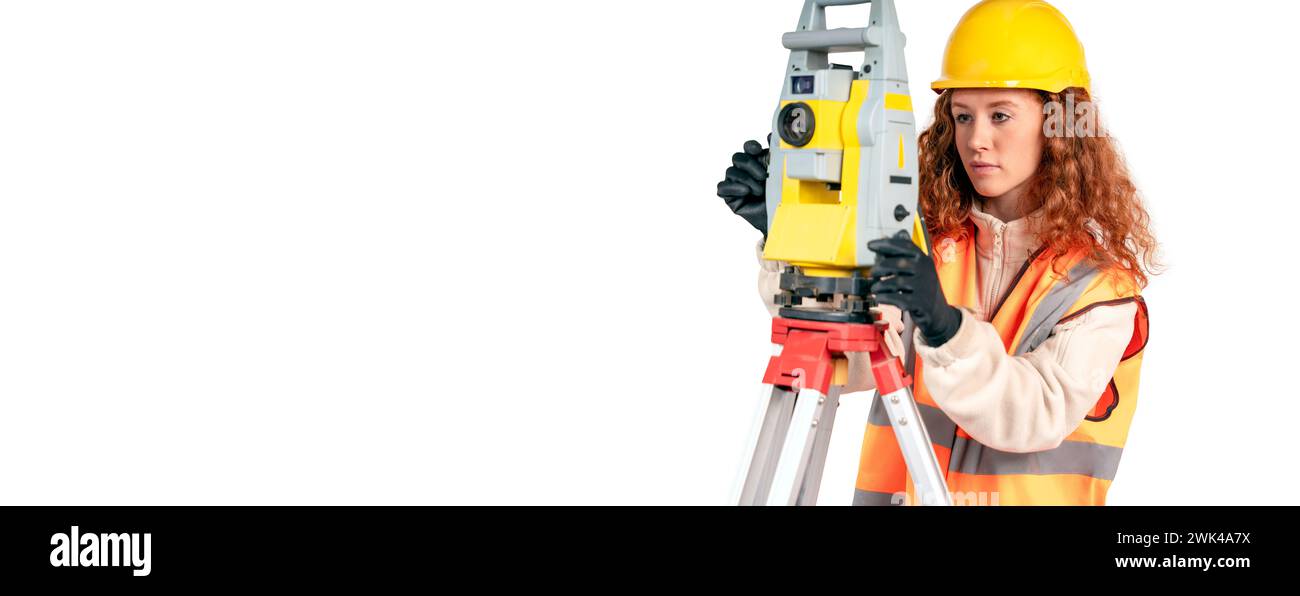 Construction site engineer woman in safety equipment working with ...