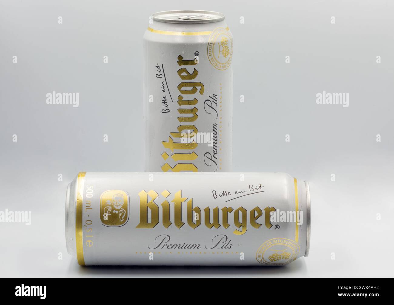 Kyiv, Ukraine - August 05, 2022: Studio shoot of cans of Bitburger ...