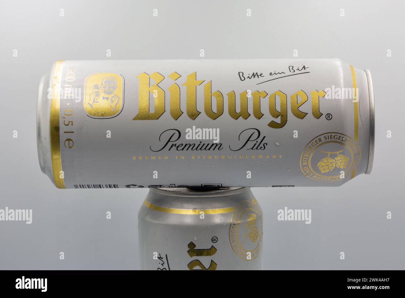 Kyiv, Ukraine - August 05, 2022: Studio shoot of cans of Bitburger ...