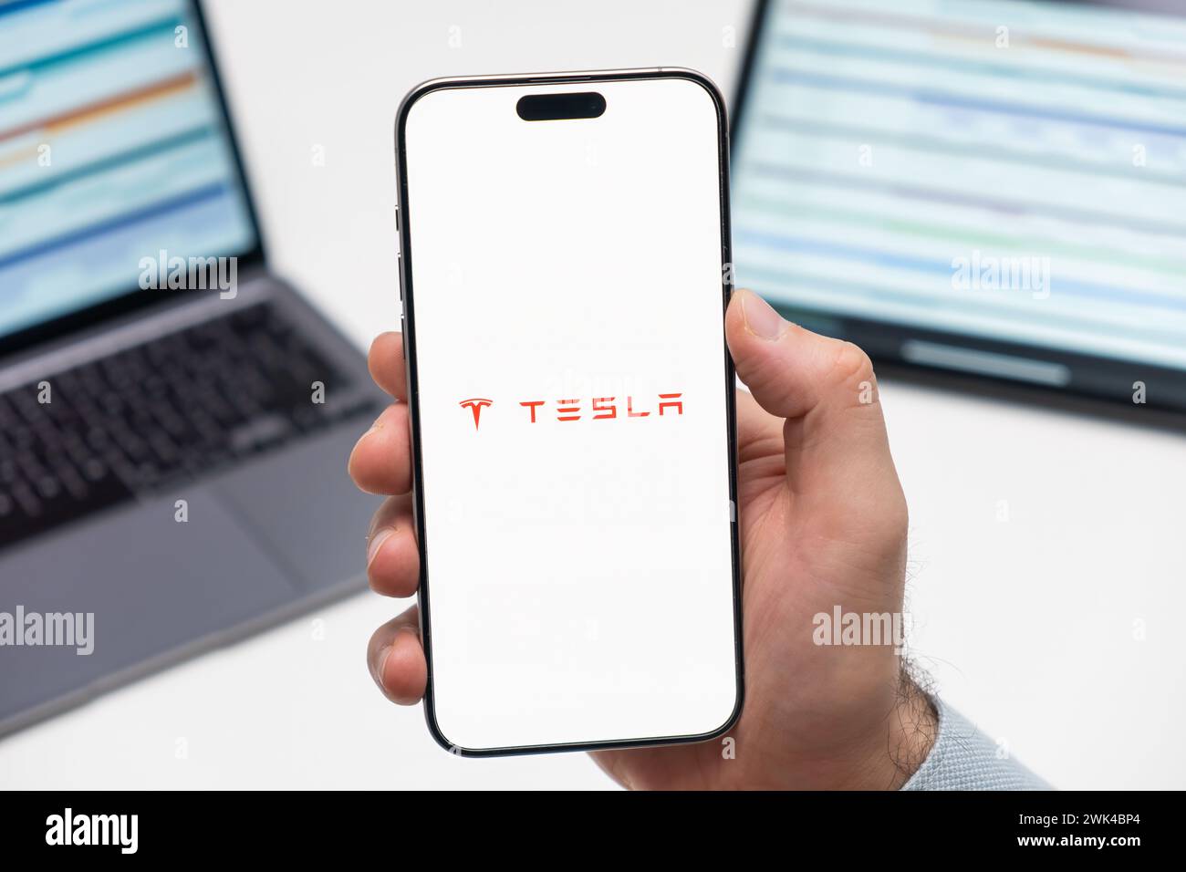 PRAGUE, CZECHIA - FEBRUARY, 2024: Tesla automobile logo on the screen ...