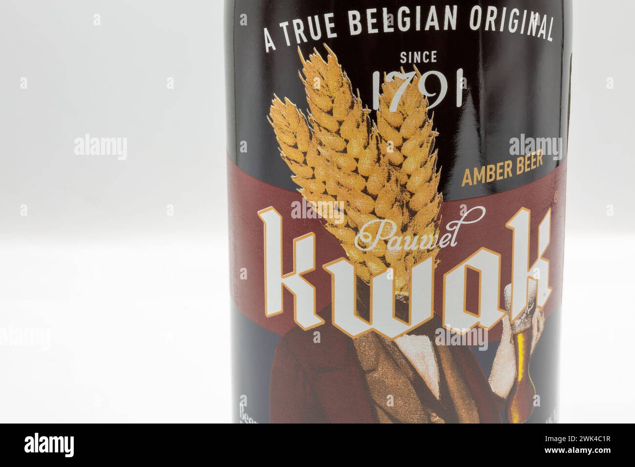 Kyiv, Ukraine - December 04, 2022: Studio shoot of Kwak beer bottle label closeup on white ...