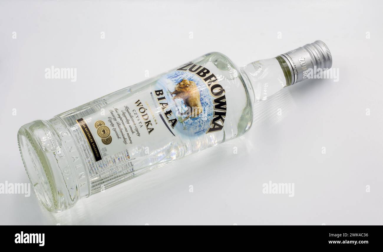 Kyiv, Ukraine - February 08, 2023: Studio shoot of Zubrowka Biala vodka ...