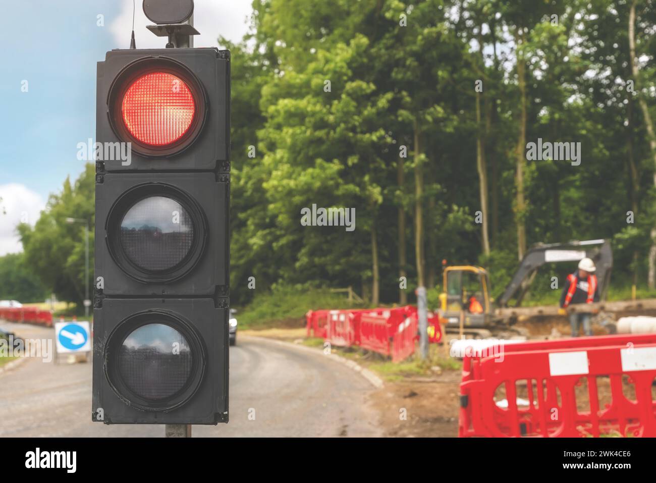 Temporary traffic light installed on road closure due to road works or ...