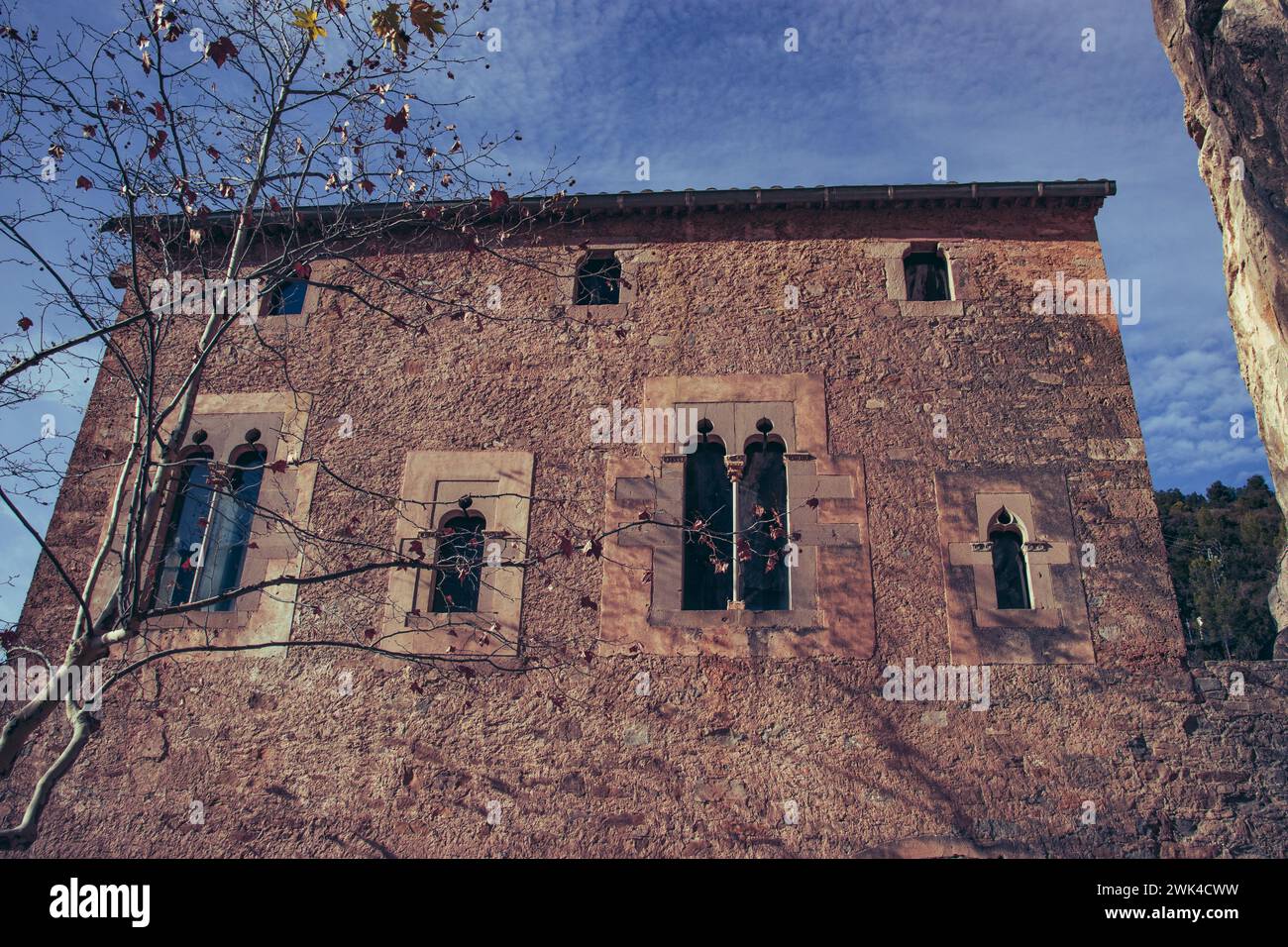 Morning view of building of Montserrat Monastery photo. Montserrat ...