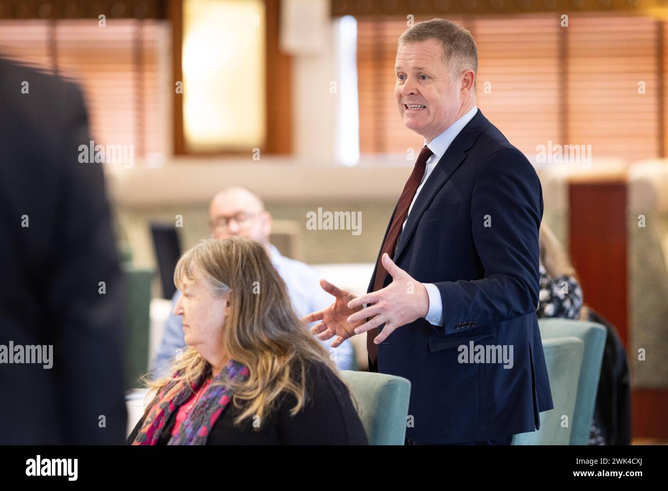 Jeremy Miles speaking at a meeting between trade unions and local ...