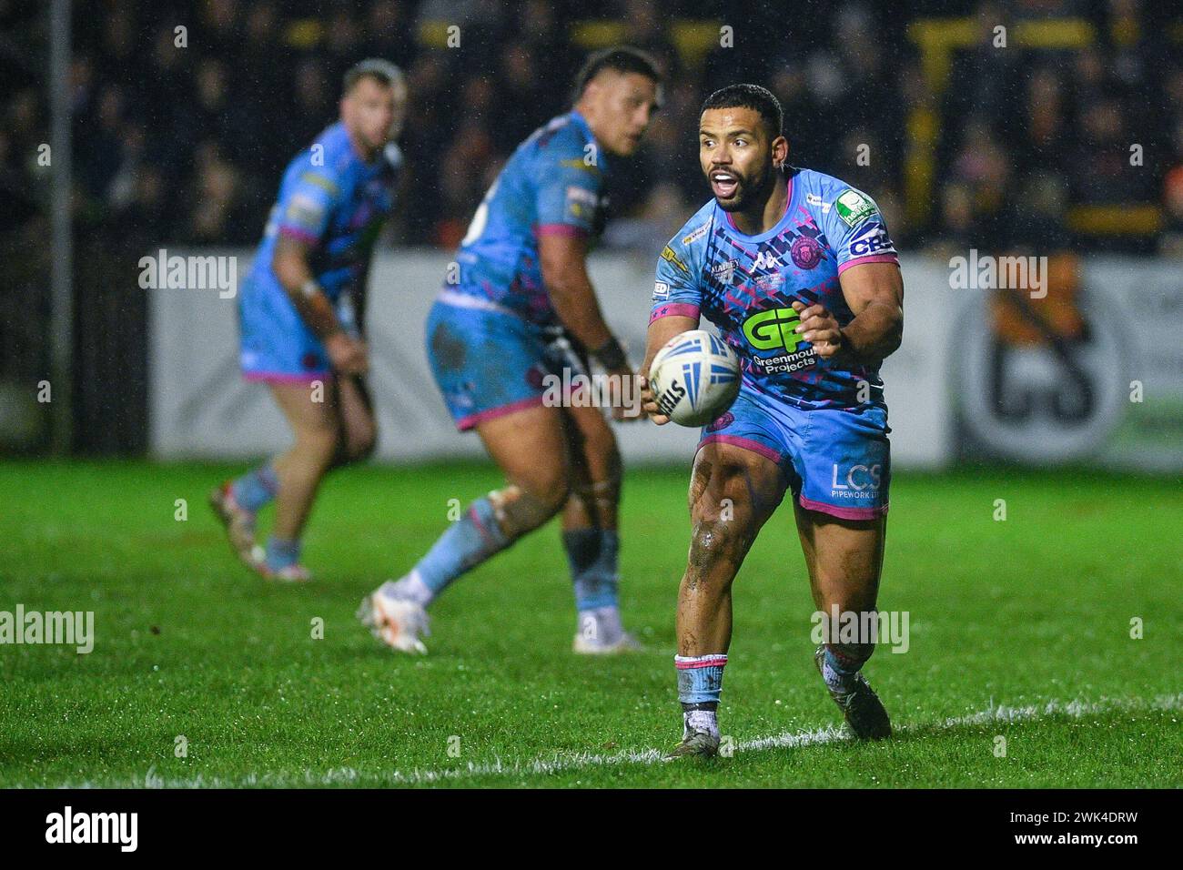 Castleford, UK. 17th Feb, 2024. Kruise Leeming of Wigan Warriors in ...