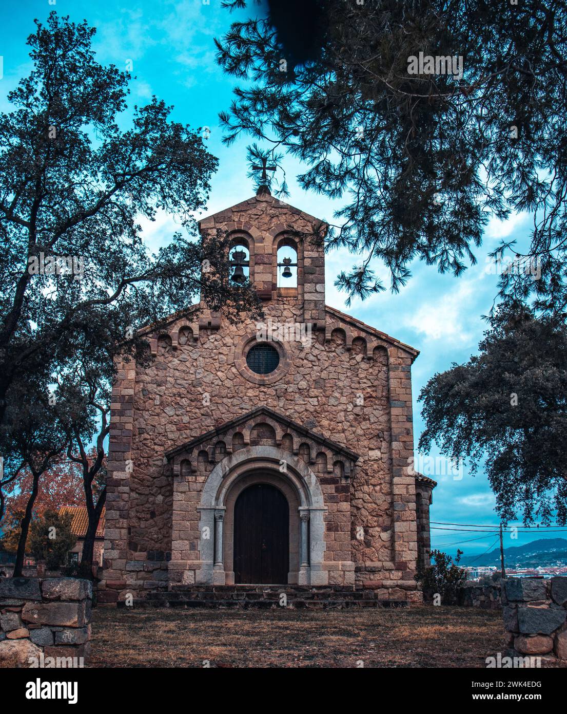 Catholic church located in Catalonia neighborhood. Red brick building ...