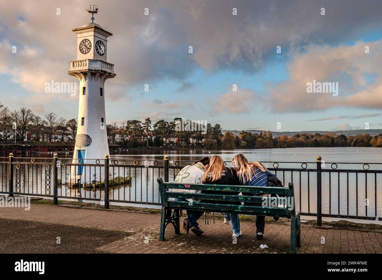 Roath Park Lake in Cardiff. The Scott Memorial Lighthouse is in memory ...