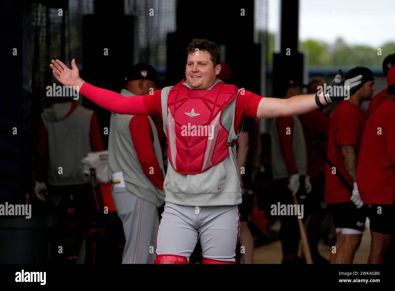Washington Nationals catcher Brady Lindsly speaks his arms during a ...