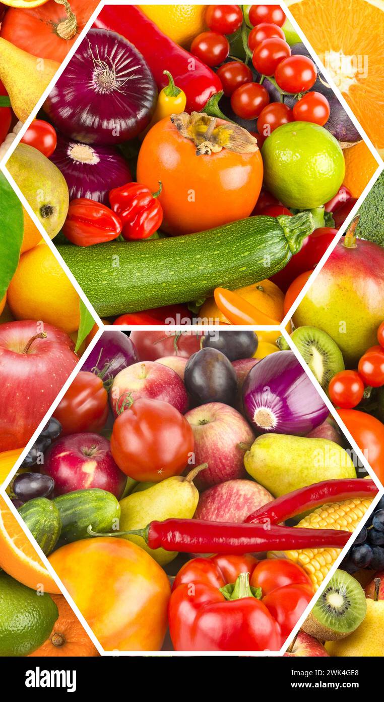 Set of vegetables and fruits. Mosaic pattern. Collage. Vertical photo ...