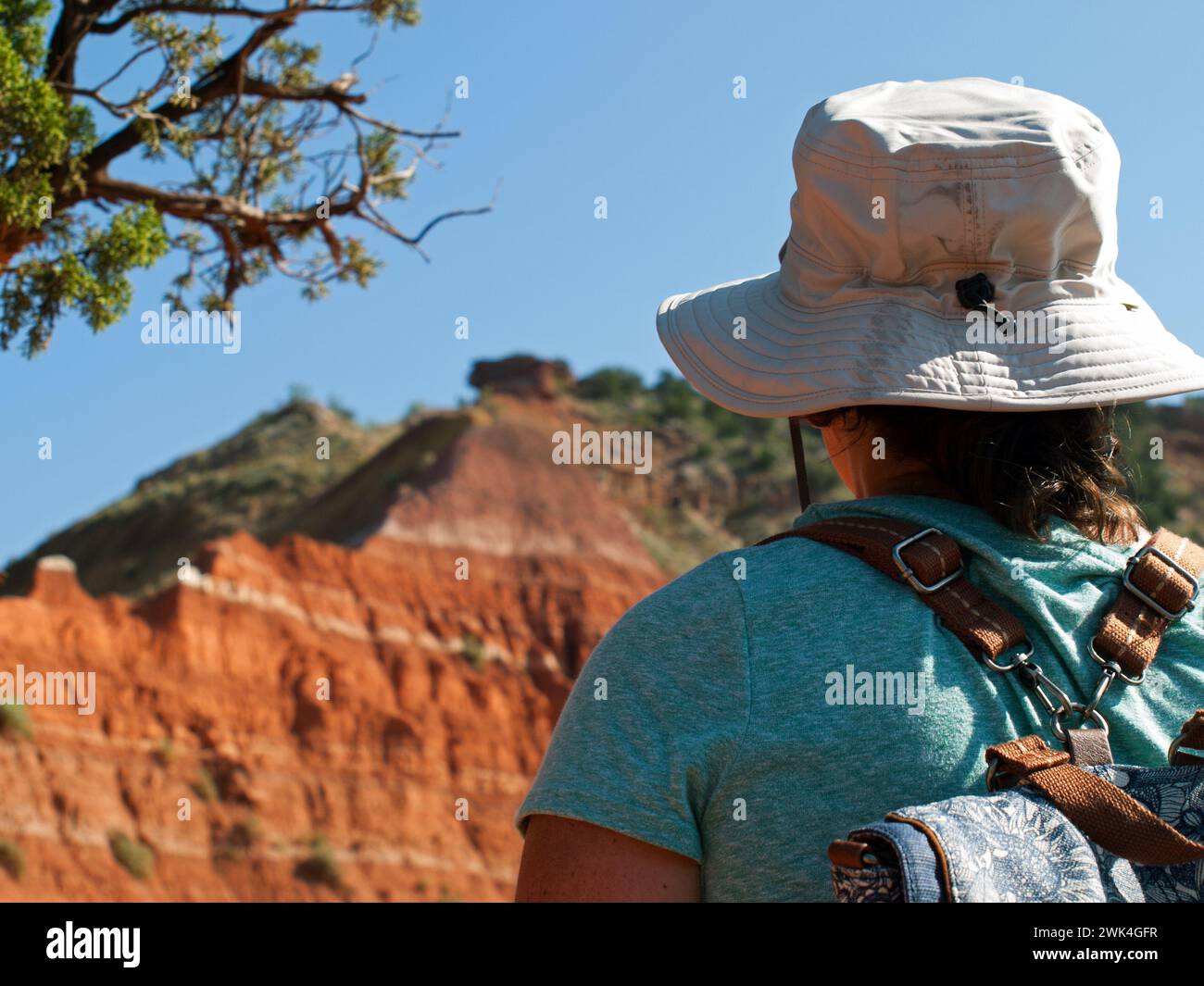 Female hiker facing the cliffs of Palo Duro Canyon in Texas Stock Photo ...
