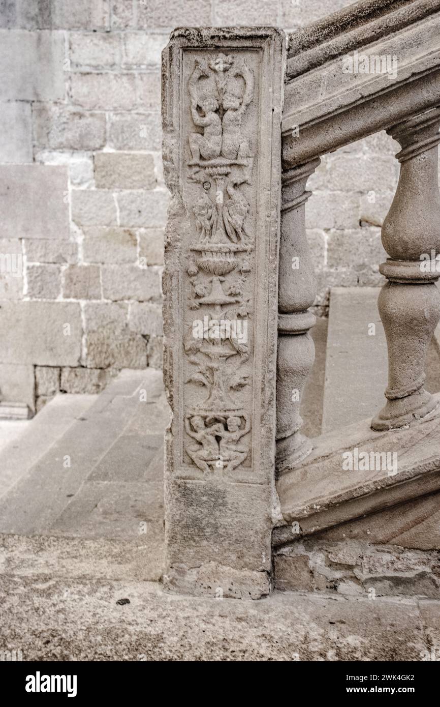 Classic old balustrade with carved stone elements. Beautiful urban ...