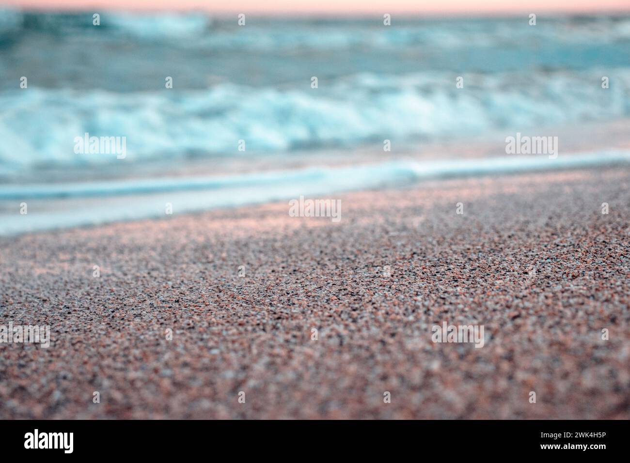 Close up sand beach and ocean waves concept photo. Barcelona resort ...