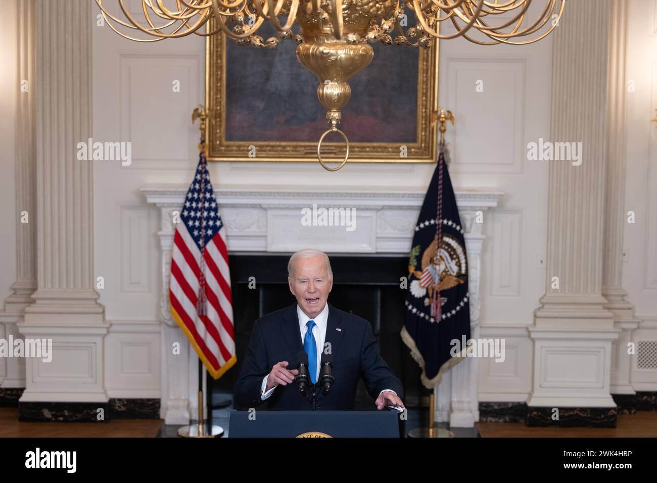 US President Joe Biden delivers remarks in the State Dining Room of the ...