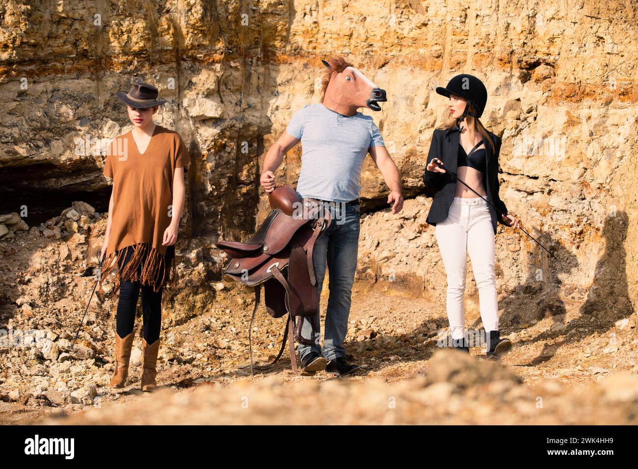 Crazy strange people with horse mask. Freaky young horsewoman women and ...