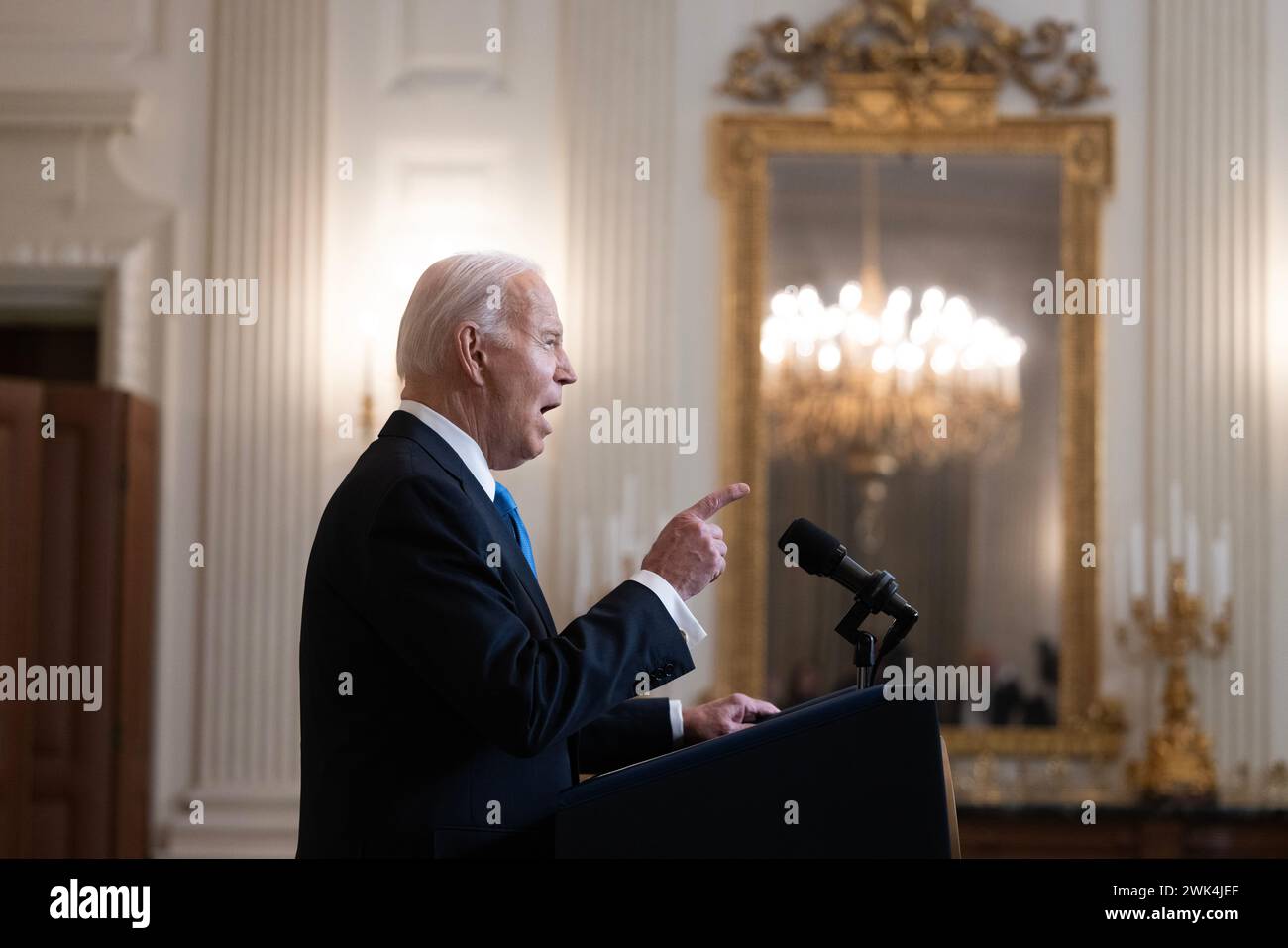 US President Joe Biden delivers remarks in the State Dining Room of the ...