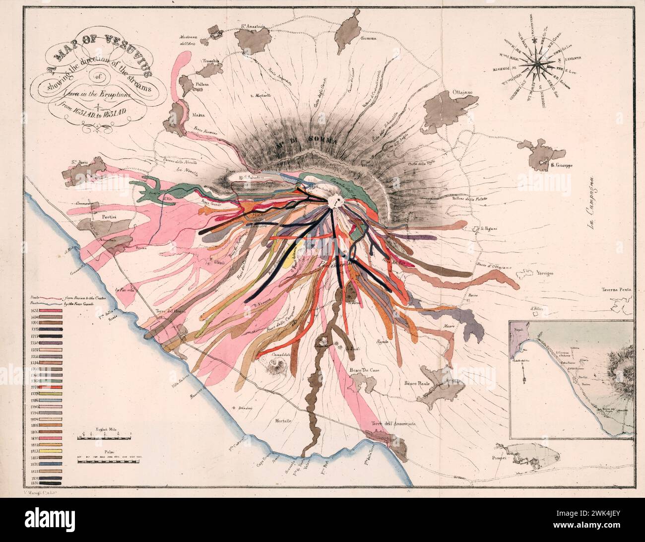 Vintage colourful Map: "A Map of Vesuvius" Showing the direction of the ...