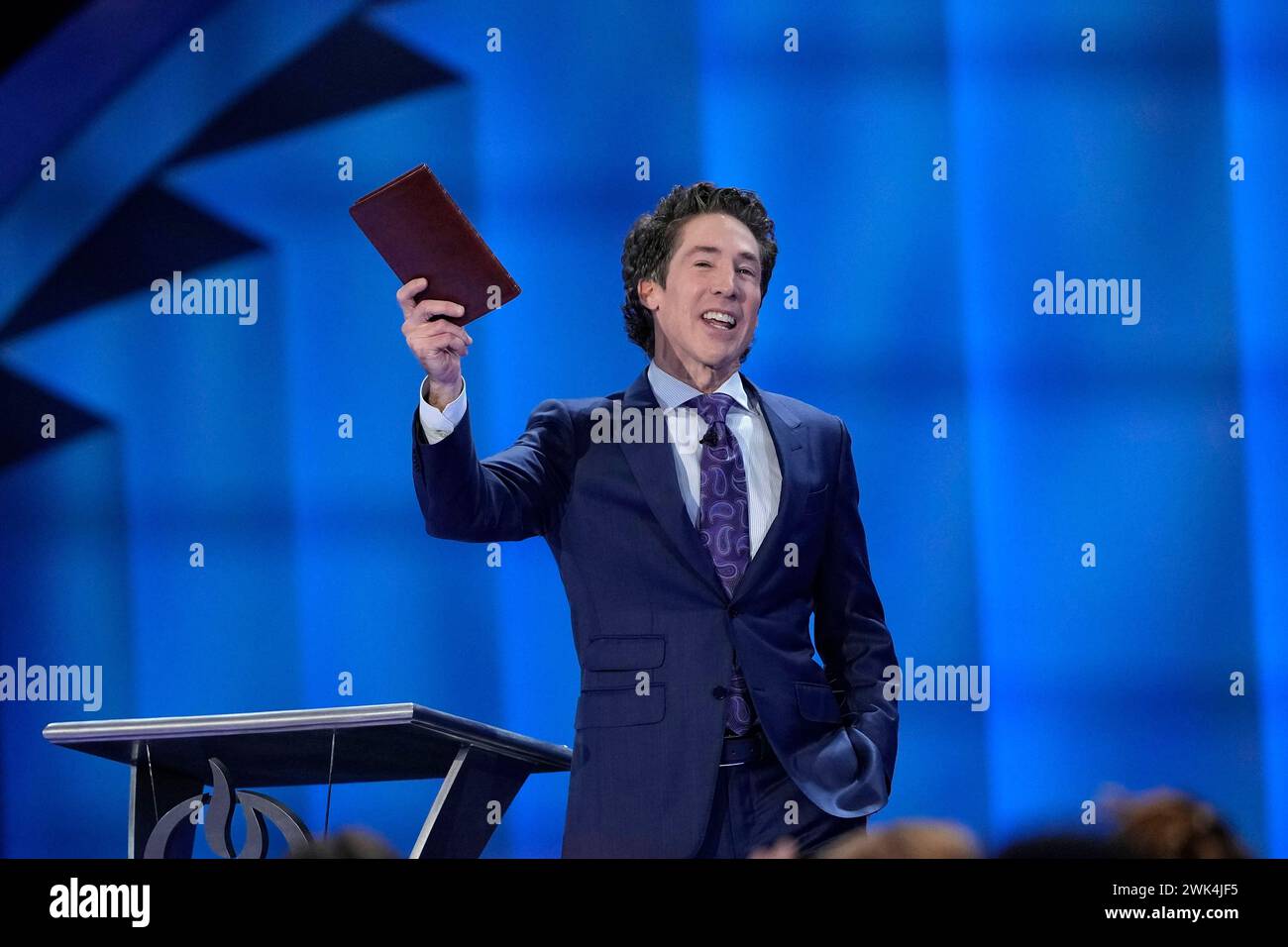 Pastor Joel Osteen preaches during a service Sunday, Feb. 18, 2024, in ...